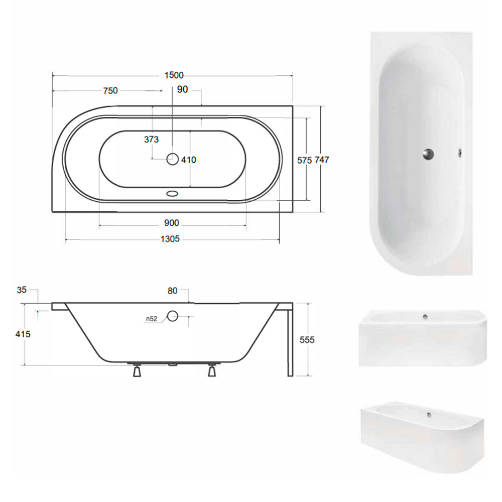 Badkar Solhaga Vit Blank Vänster 150 cm (Utan Panel & Avlopp)