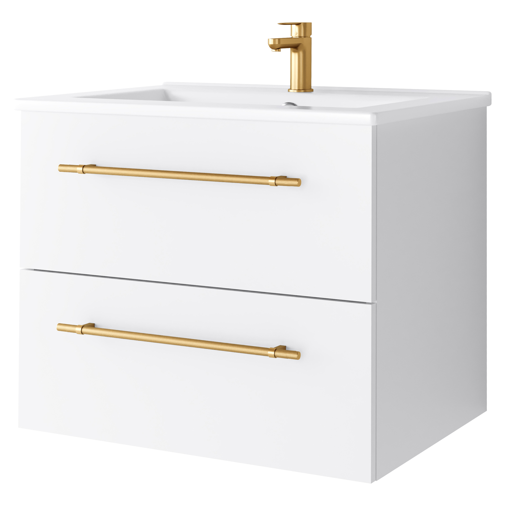 Tvättställsskåp Elara Vit Matt 60 cm med 2 Lådor & Handtagen Guld, Handfat
