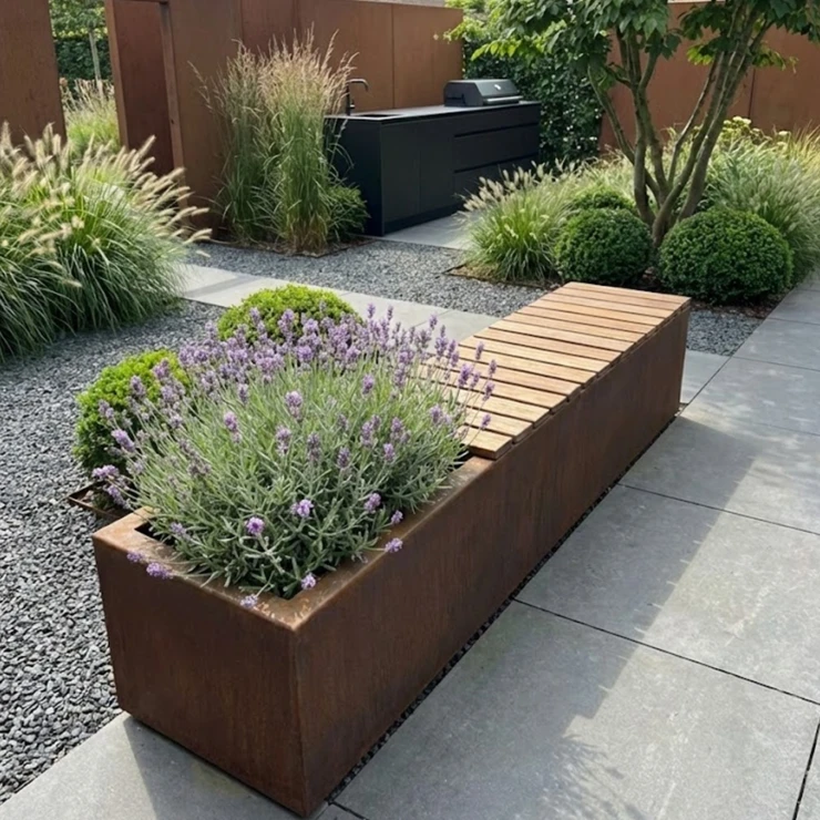 Odlingslåda S med Sittbänk Florex Cortenstål 200 cm | Hill Ceramic®