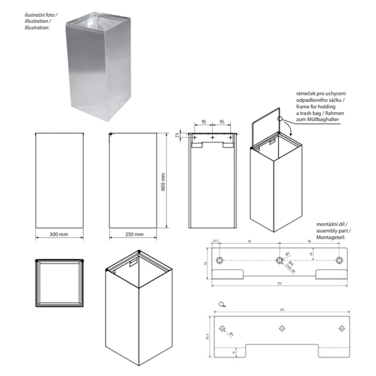 Väggmonterad Papperskorg Krom Blank 45 L | Hill Ceramic®