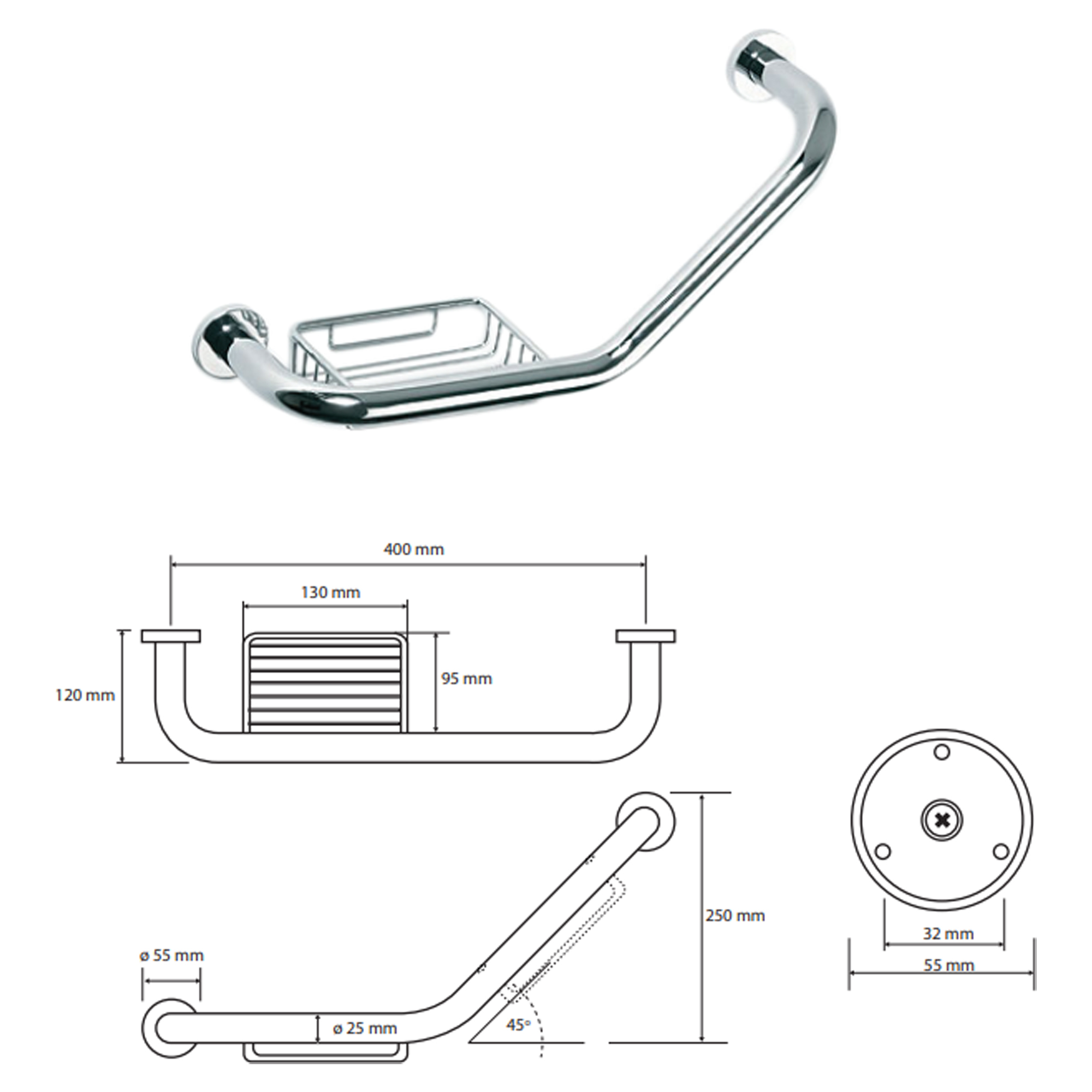 Vinklat Stödhandtag med Tvålkopp Krom Blank | Hill Ceramic®