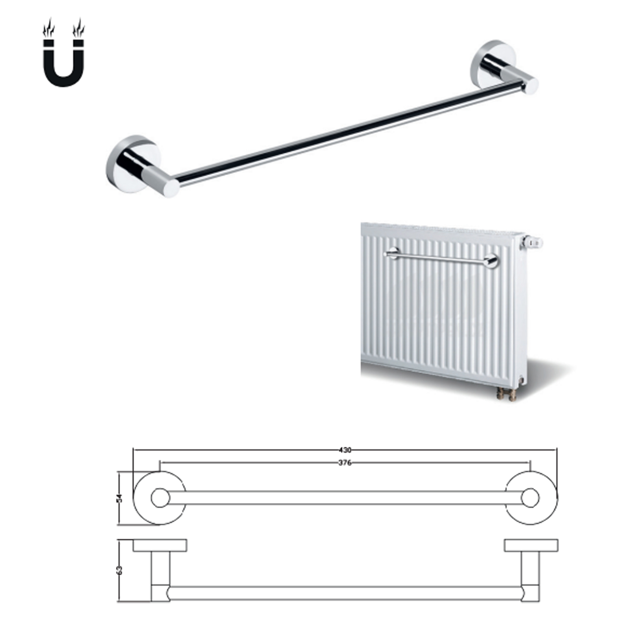 Magnetisk Handdukshållare för Radiator Sorelle Krom Blank 38 cm