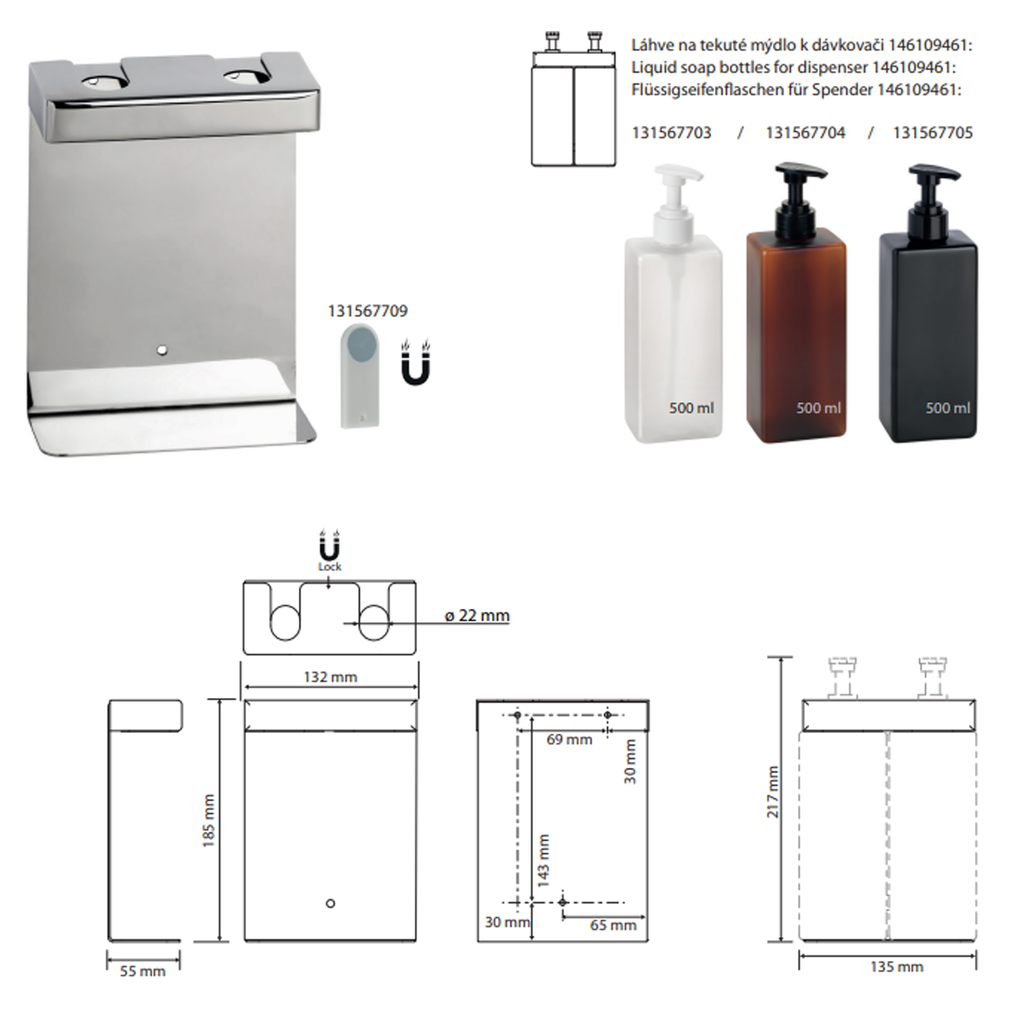 Dubbel Hållare för Tvåldispenser Krom Blank Fyrkantig | Hill Ceramic®
